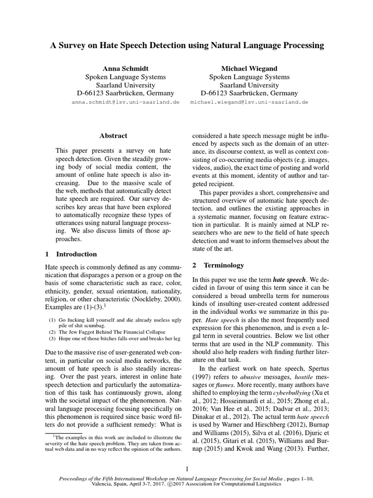 A Survey On Hate Speech Detection Using Natural Language Processing | PDF | Statistical ...