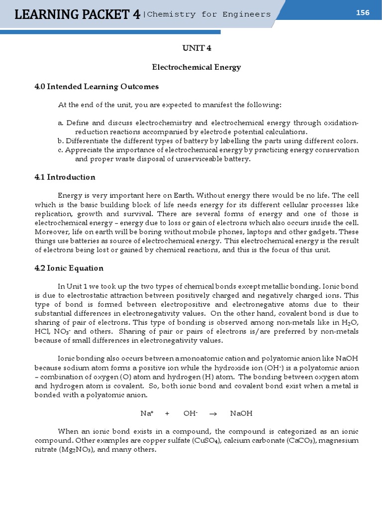 Unit 4 Electrochemical Energy | PDF | Redox | Electrochemistry