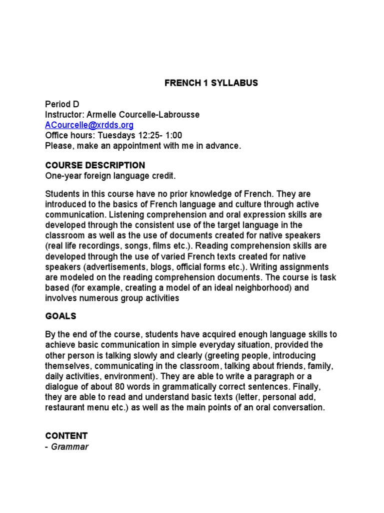 French 1 Syllabus | PDF | Verb | Linguistics