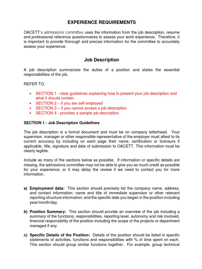 Job Description Oacett Experience Requirements - Revised November 2021 ...