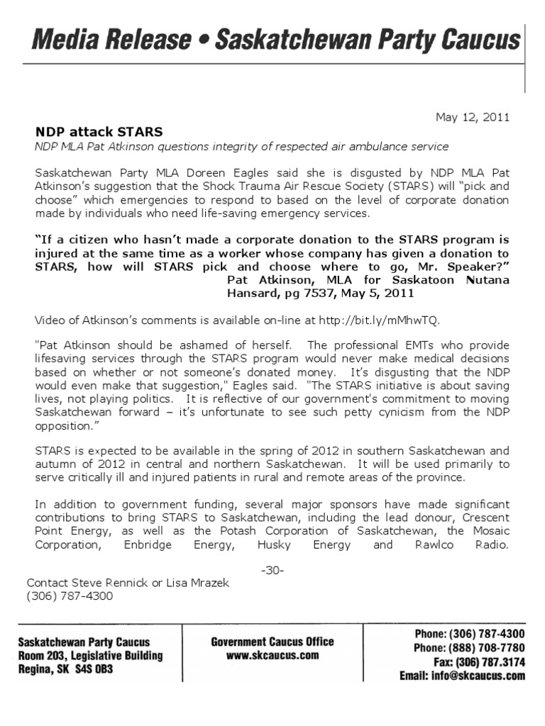 NDP Attack STARS: NDP MLA Pat Atkinson Questions Integrity of Respected ...
