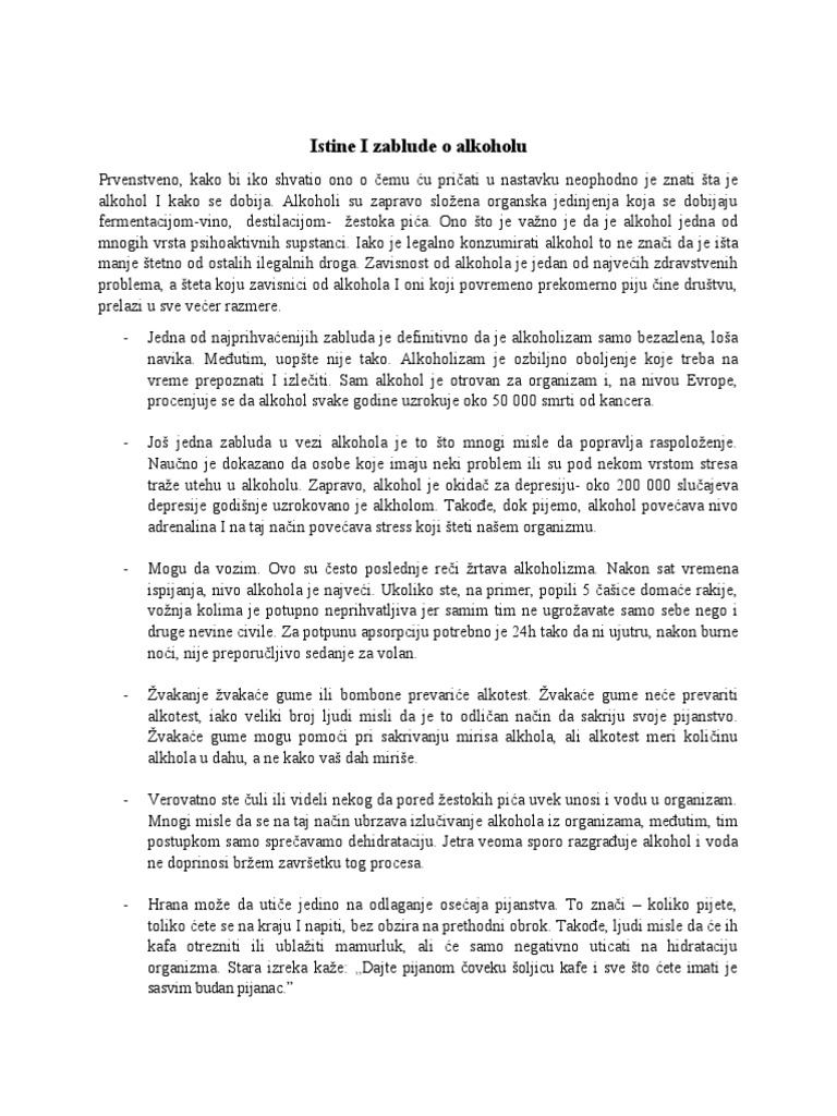 Istine I Zablude o Alkoholu | PDF