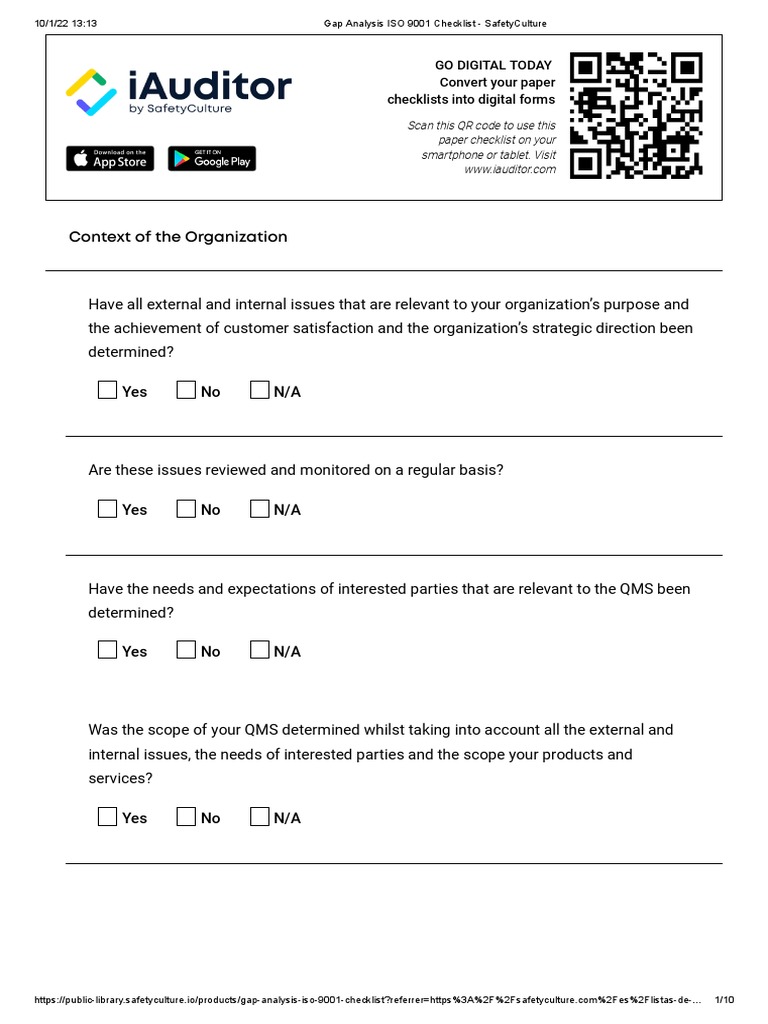 Gap Analysis ISO 9001 Checklist - SafetyCulture | PDF | Quality ...