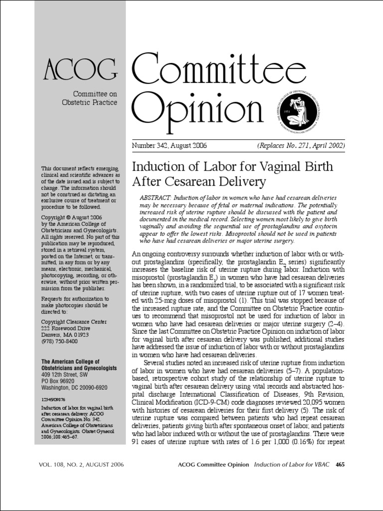 ACOG Comittee Opinion - Induction of Labour For VBAC | PDF | Childbirth ...