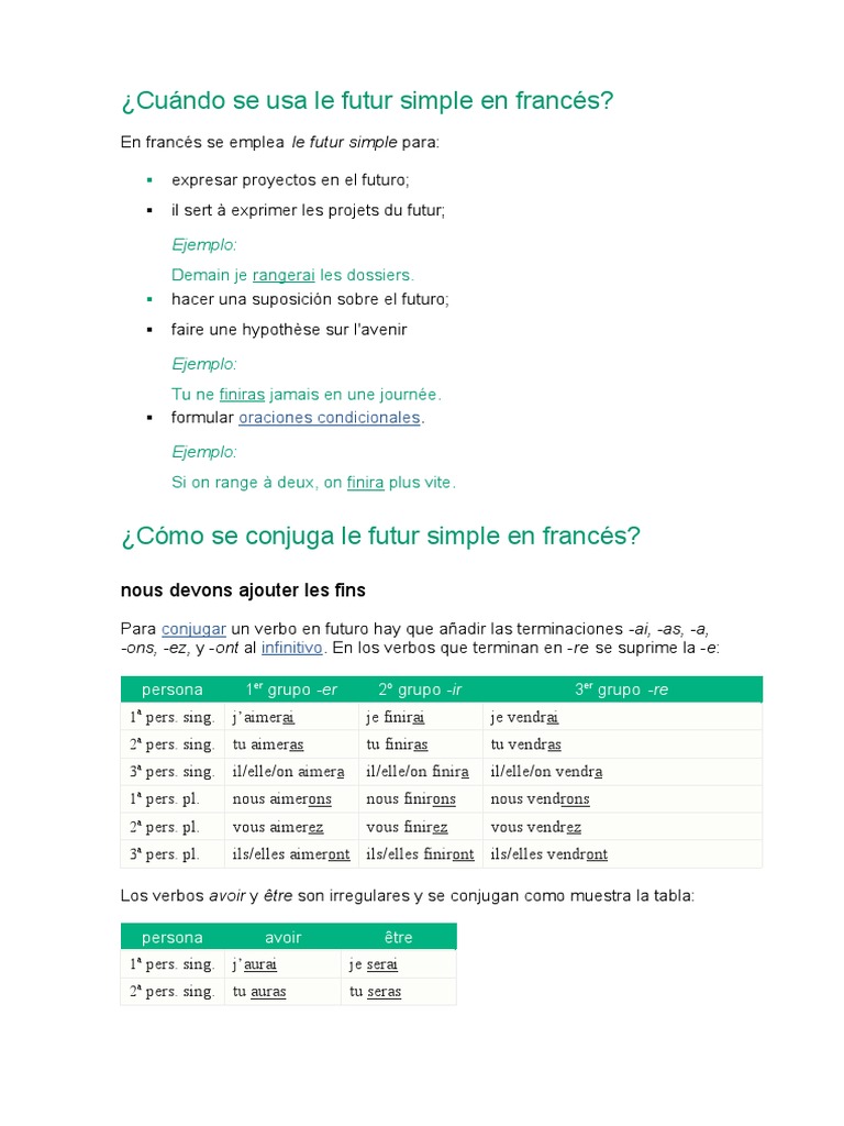 Uso y conjugación del futuro simple en francés | PDF | Sintaxis ...