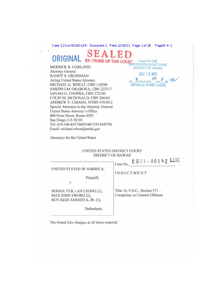 Indictment: USA v. Donna Yuk Leong, Max John Sword, and Roy Keiji ...
