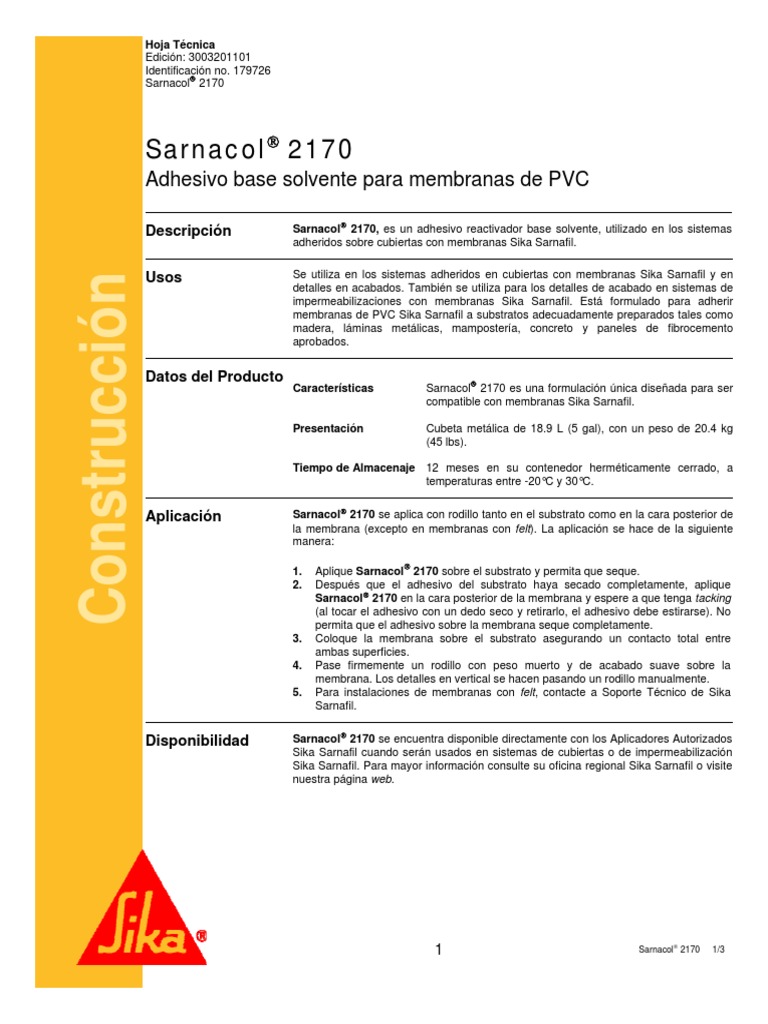 Adhesivo Base Solvente para Membranas PVC Sarnacol 2170 | PDF ...