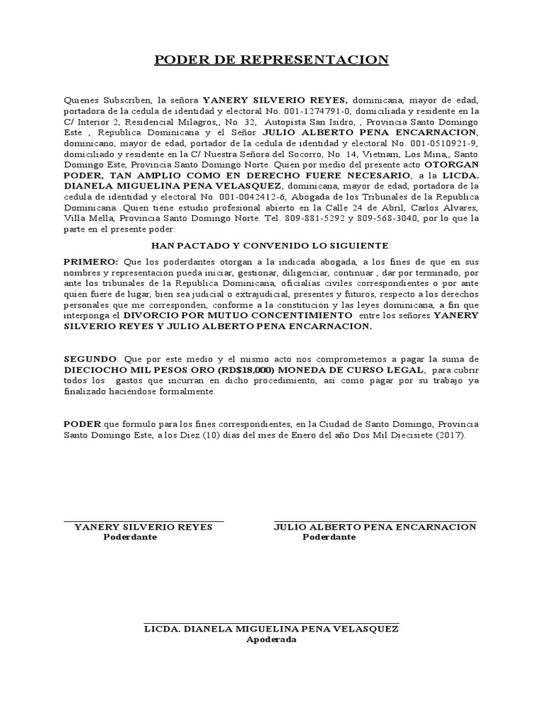 Poder de Representacion Divorcio YANERY SILVERIO REYES | PDF ...