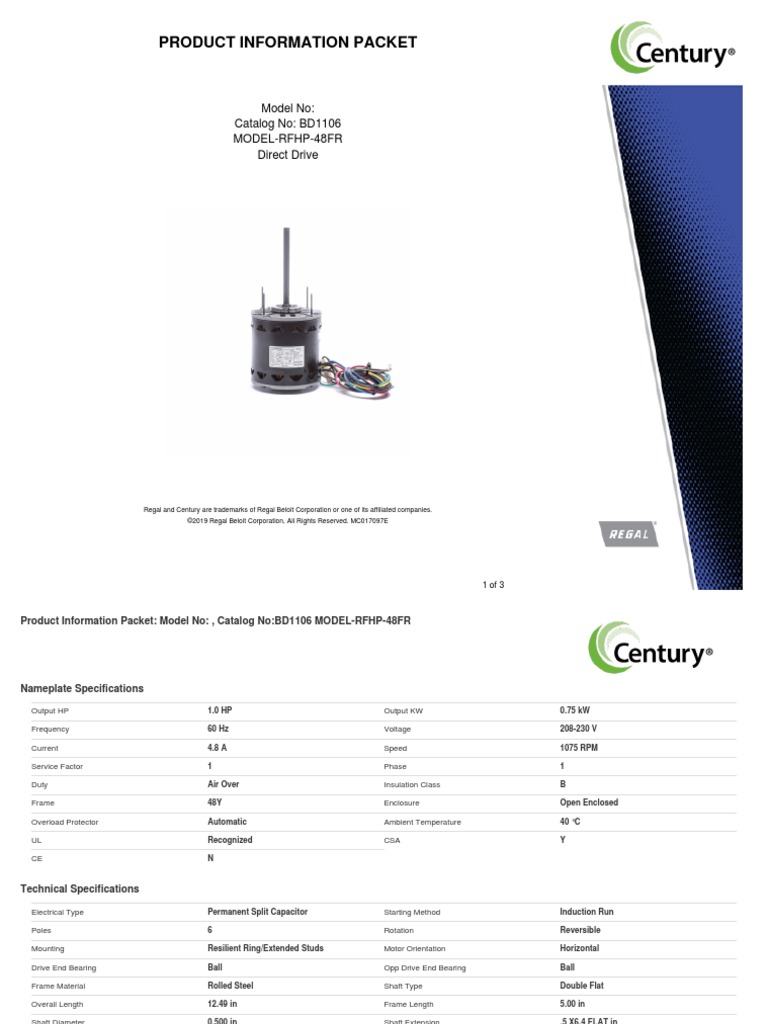 Product Information Packet: Model No: Catalog No: BD1106 Model-Rfhp-48Fr Direct Drive | PDF ...