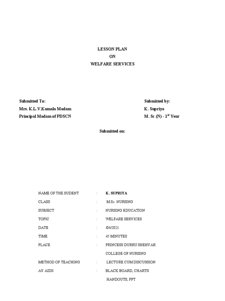 Lesson Plan ON Welfare Services | PDF | Employment | Welfare