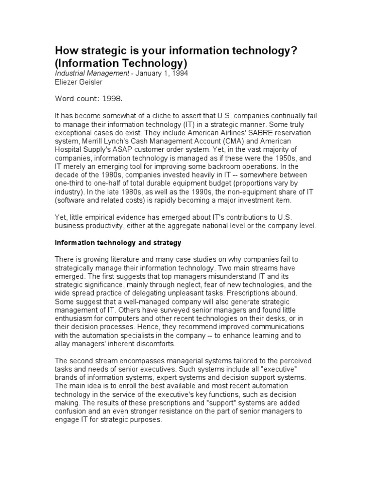 IT - How Strategic Is Your Information Technology | PDF | Strategic ...