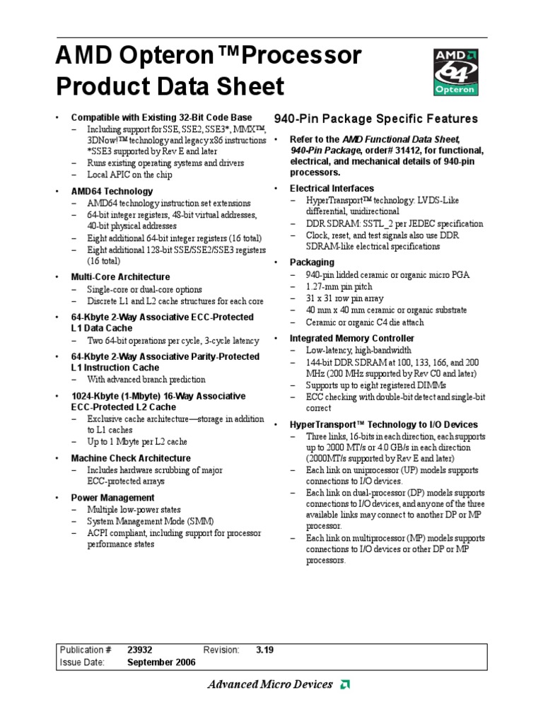 AMD Opteron™Processor Product Data Sheet: 940-Pin Package Specific ...