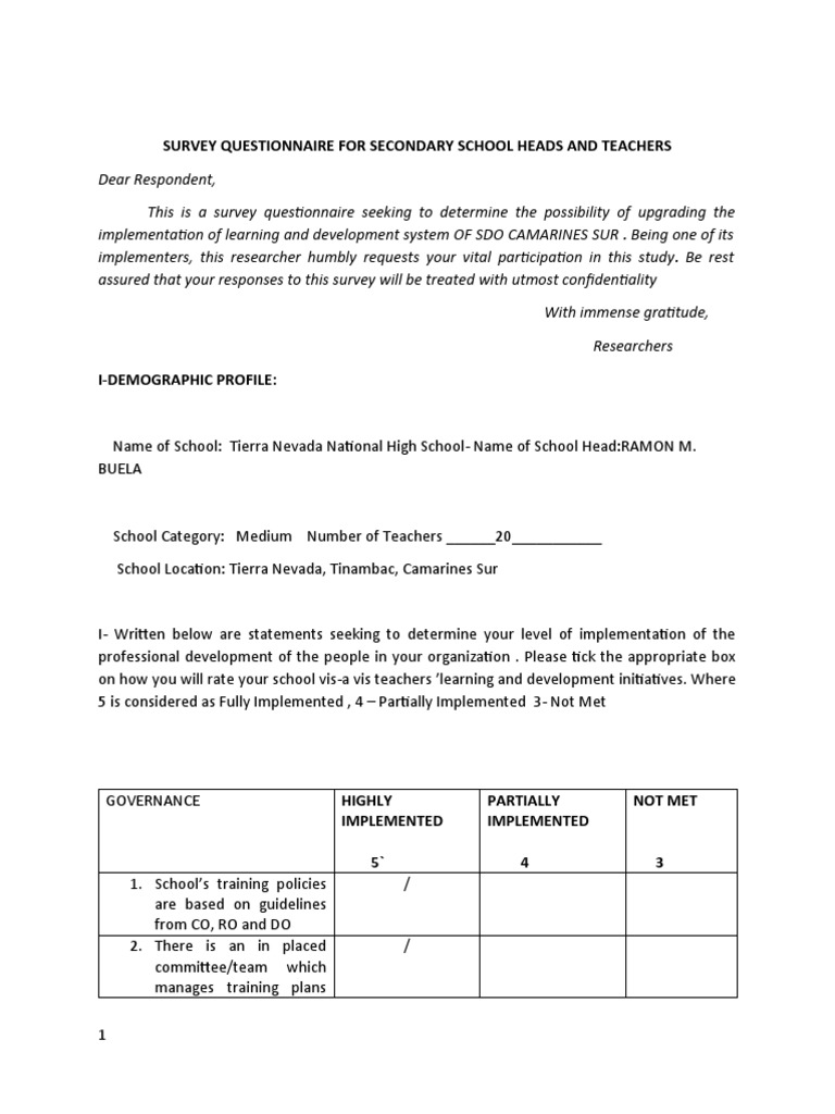 Survey on School Learning Development | PDF | Needs Assessment | Cognition