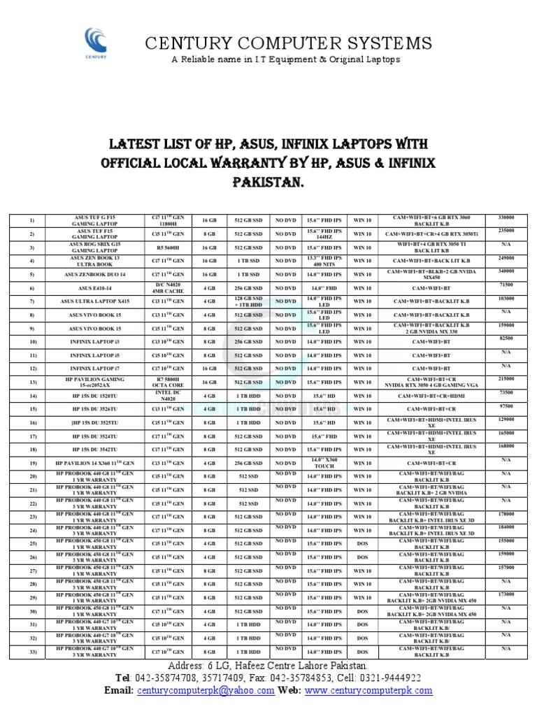 Century Computers & Laptops Rate List | PDF | Solid State Drive | Laptop