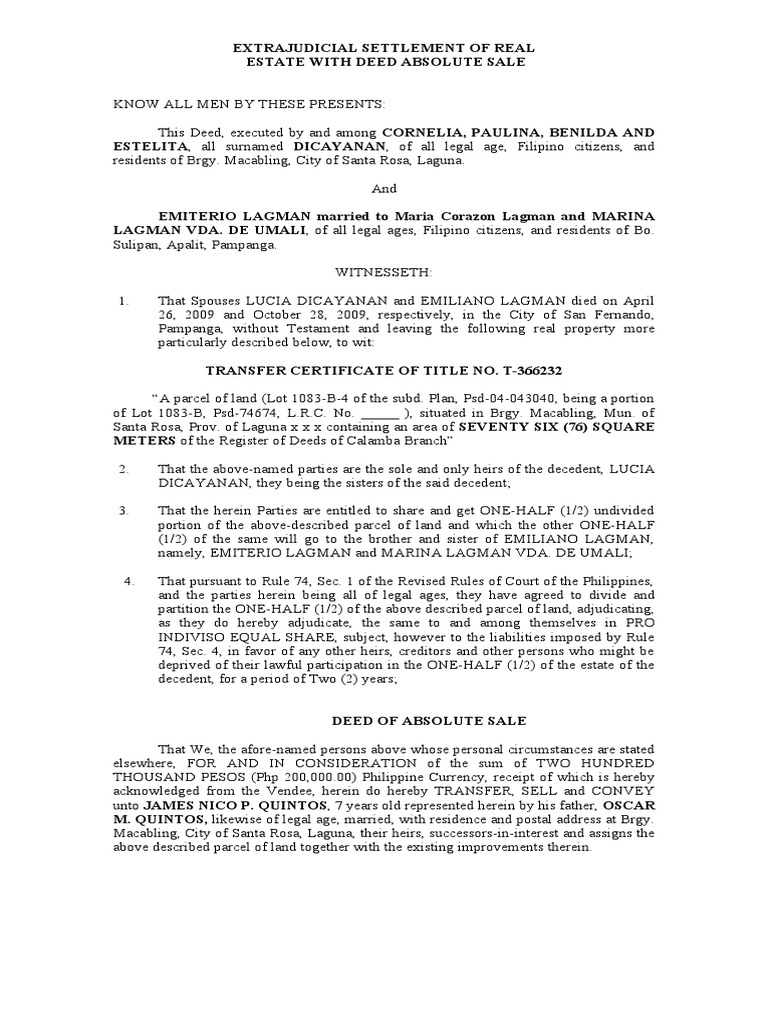 Extrajudicial Settlement of Estate with Deed of Absolute Sale | PDF ...