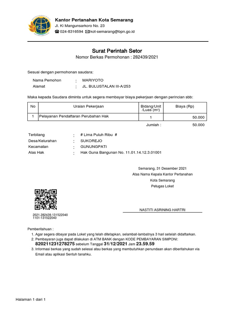 Surat Perintah Setor: Kantor Pertanahan Kota Semarang | PDF