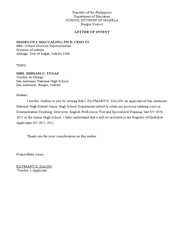 Letter of Intent Madelyn I. Maccaling, PH D, Ceso Vi OIC-School ...