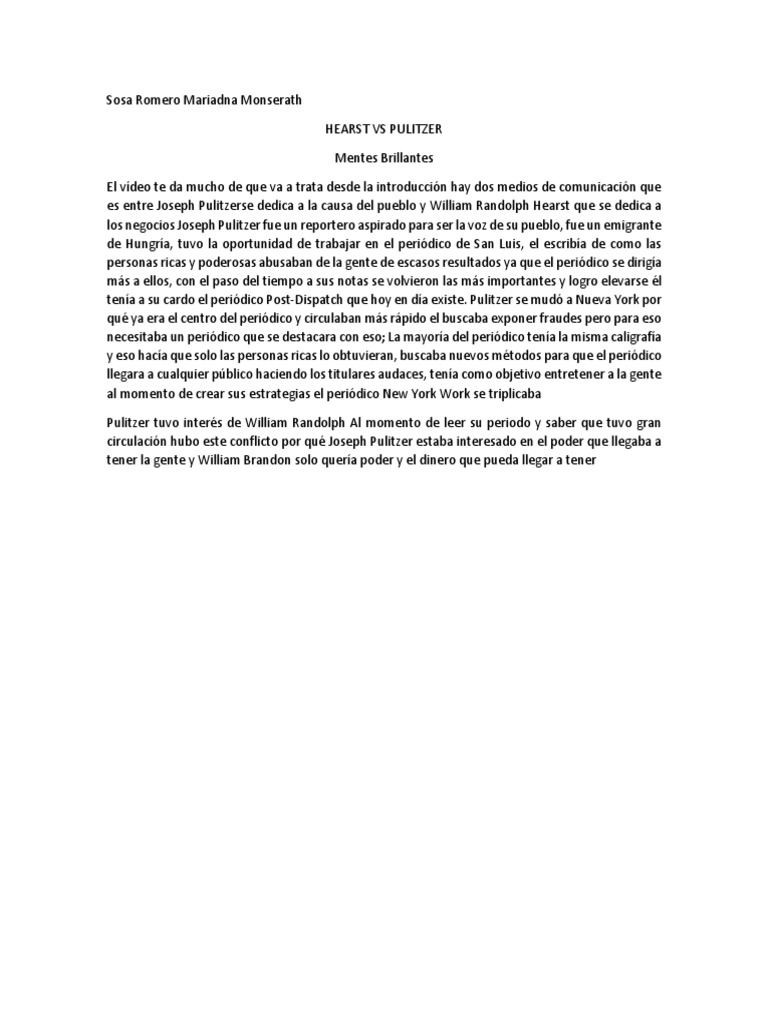 Hearst Vs Pulitzer | PDF | Historia