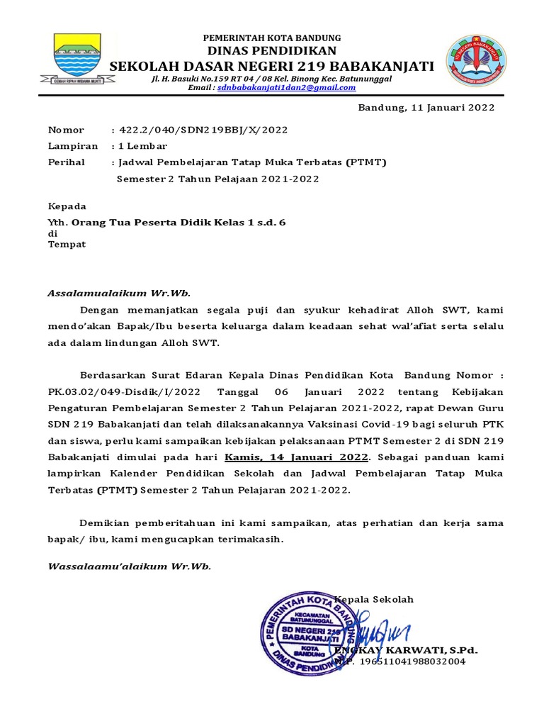 Surat Edaran PTMT Semester 2 SDN 219 Babakanjati | PDF