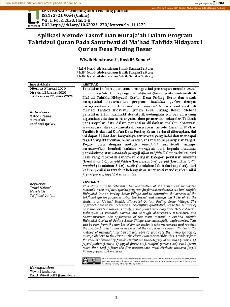 Aplikasi Metode Tasmi' Dan Muraja'ah Dalam Program Tahfidzul Quran Pada ...