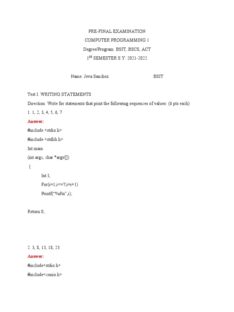 Pre-Final Exam in Computer Programming | Download Free PDF | Integer (Computer Science ...