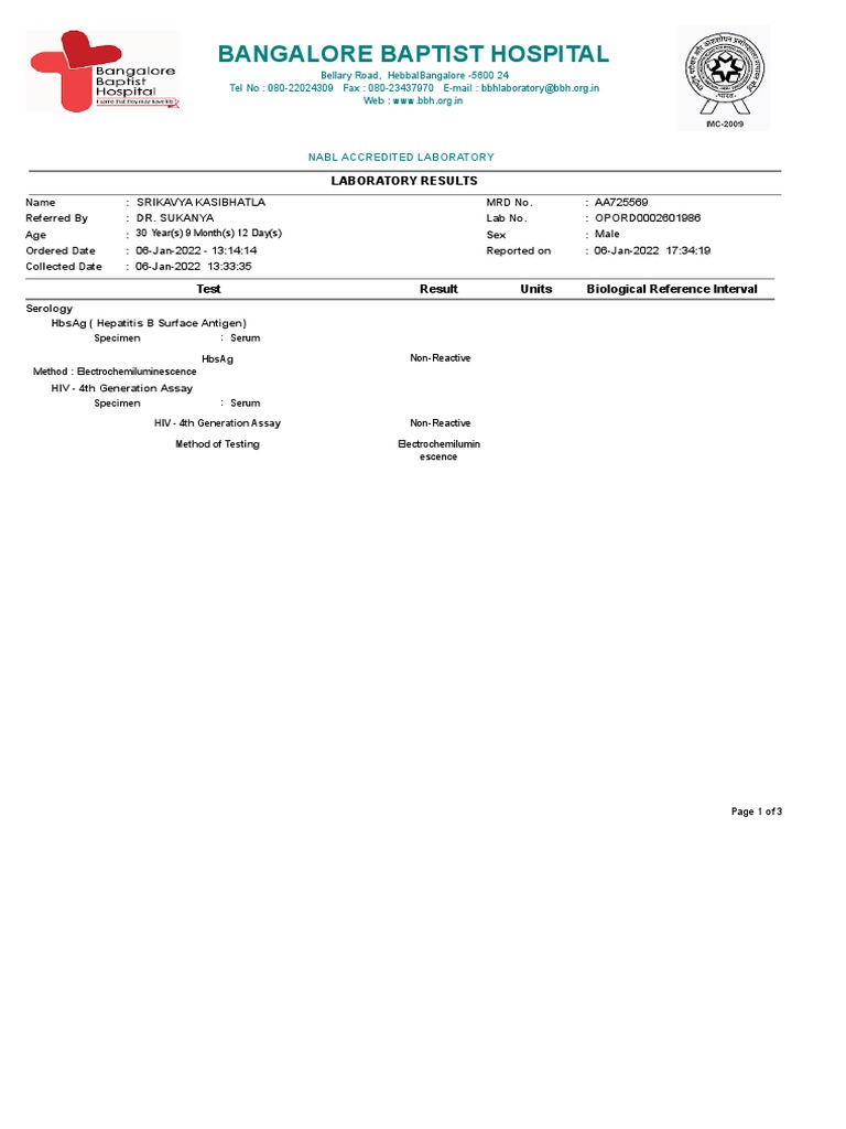 Bangalore Baptist Hospital: Laboratory Results | PDF | White Blood Cell ...