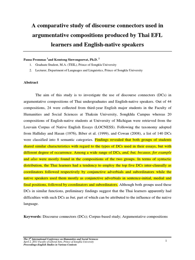 A Comparative Study of Discourse Connectors Used in Argumentative Compositions Produced by Thai ...