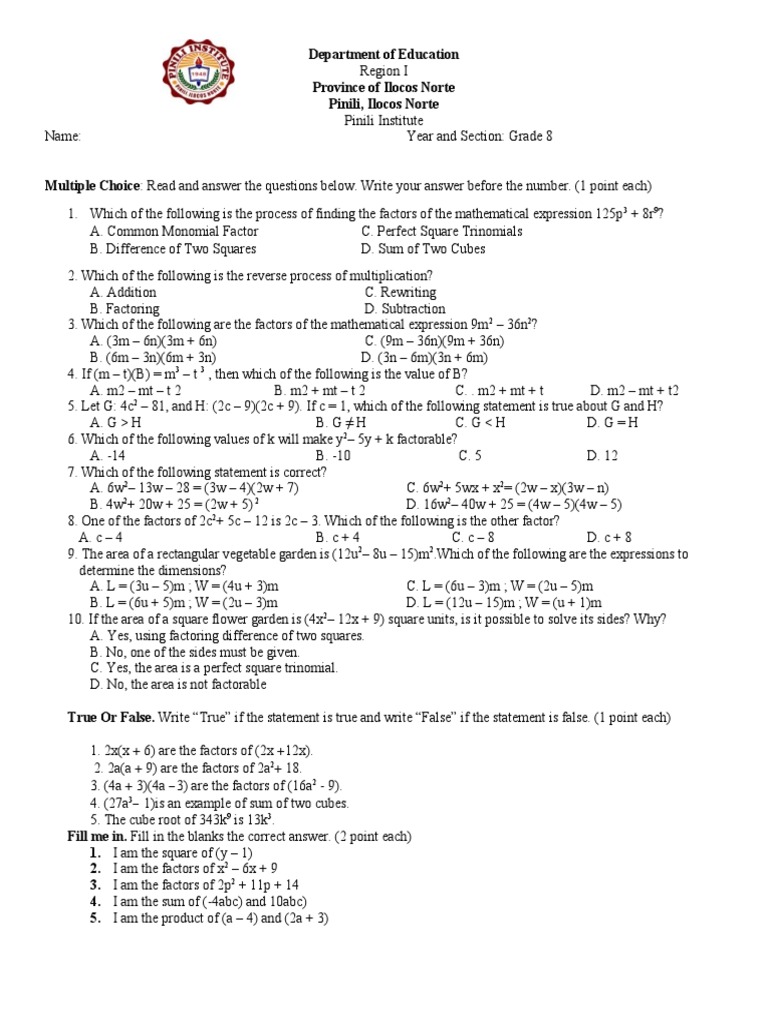 Grade 8 Math | PDF | Mathematics | Algebra