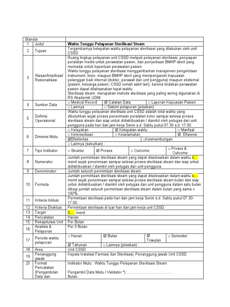 Kertas Kerja Workshop Indikator Mutu CSSD | PDF