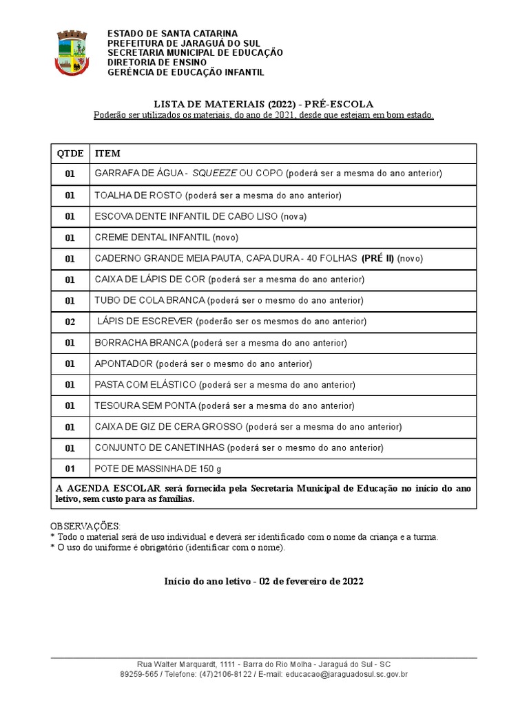 Lista de Materiais para o Pré Escolar 2022 | PDF
