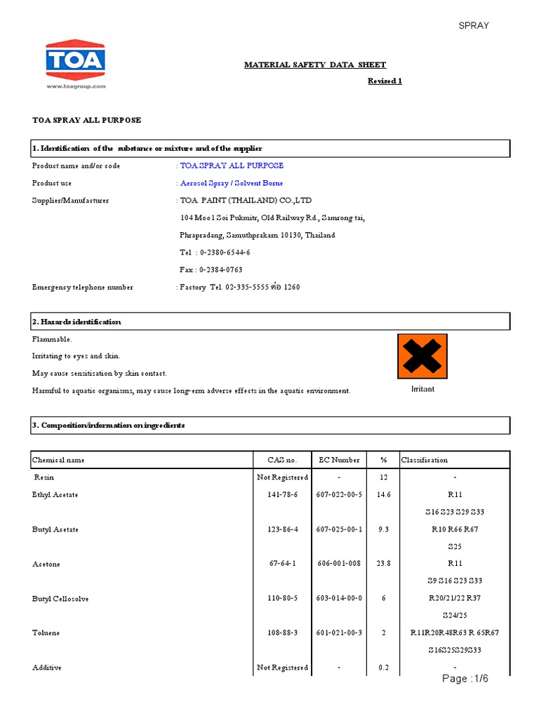 SDS-TOA Spray All Purpose | PDF | Personal Protective Equipment | Materials
