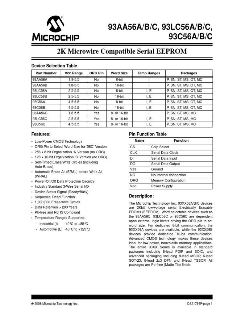 2K Microwire Compatible Serial EEPROM: 93AA56A/B/C, 93LC56A/B/C, 93C56A/B/C | PDF | Computing ...