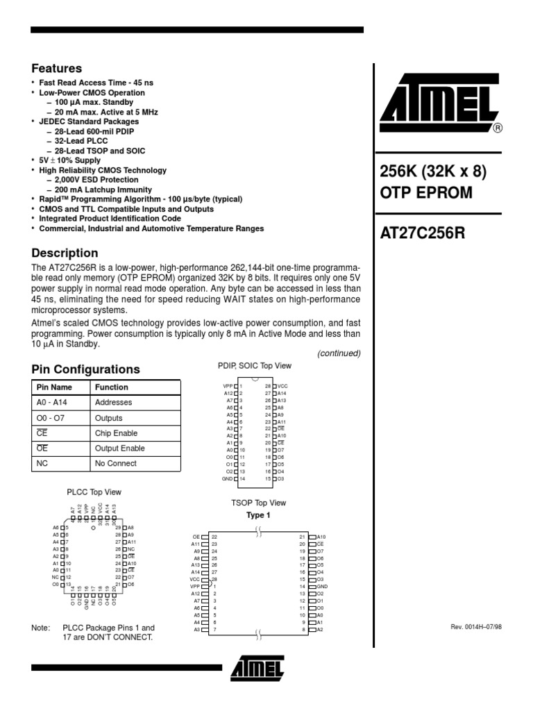256K (32K X 8) Otp Eprom AT27C256R: Features | PDF | Capacitor ...