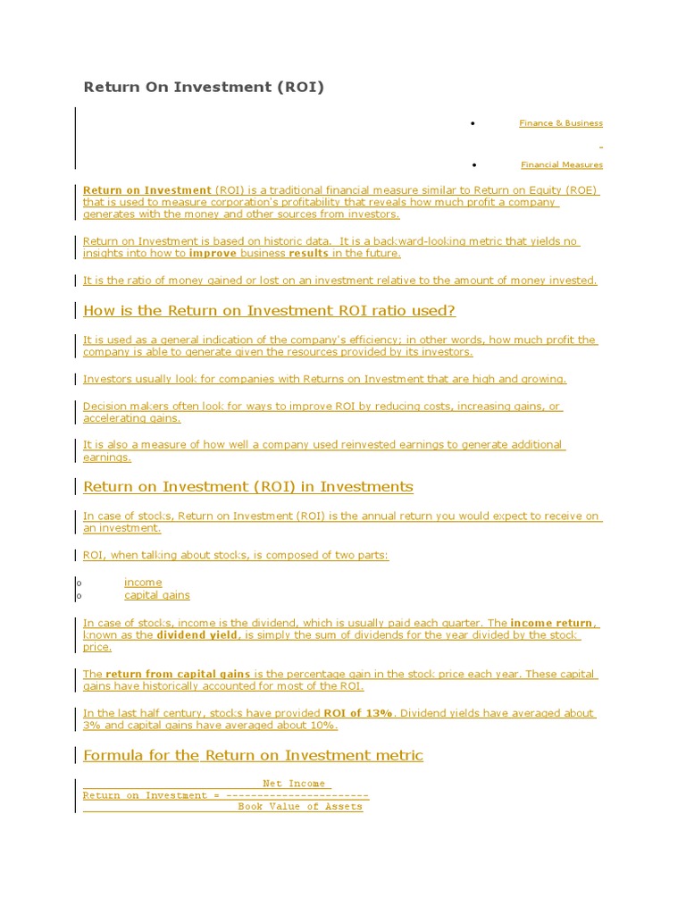 Return On Investment | PDF | Return On Investment | Price–Earnings Ratio
