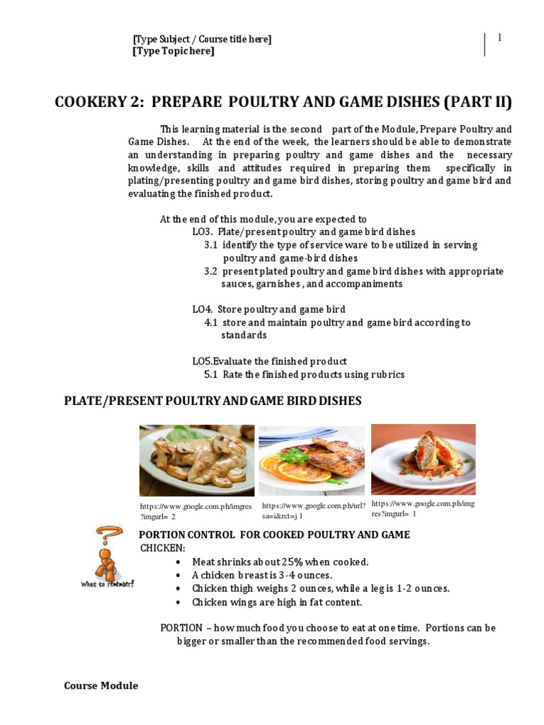 Weeks 011-013 Cookery 2 - Prepare Poultry and Game Dishes (Part II ...