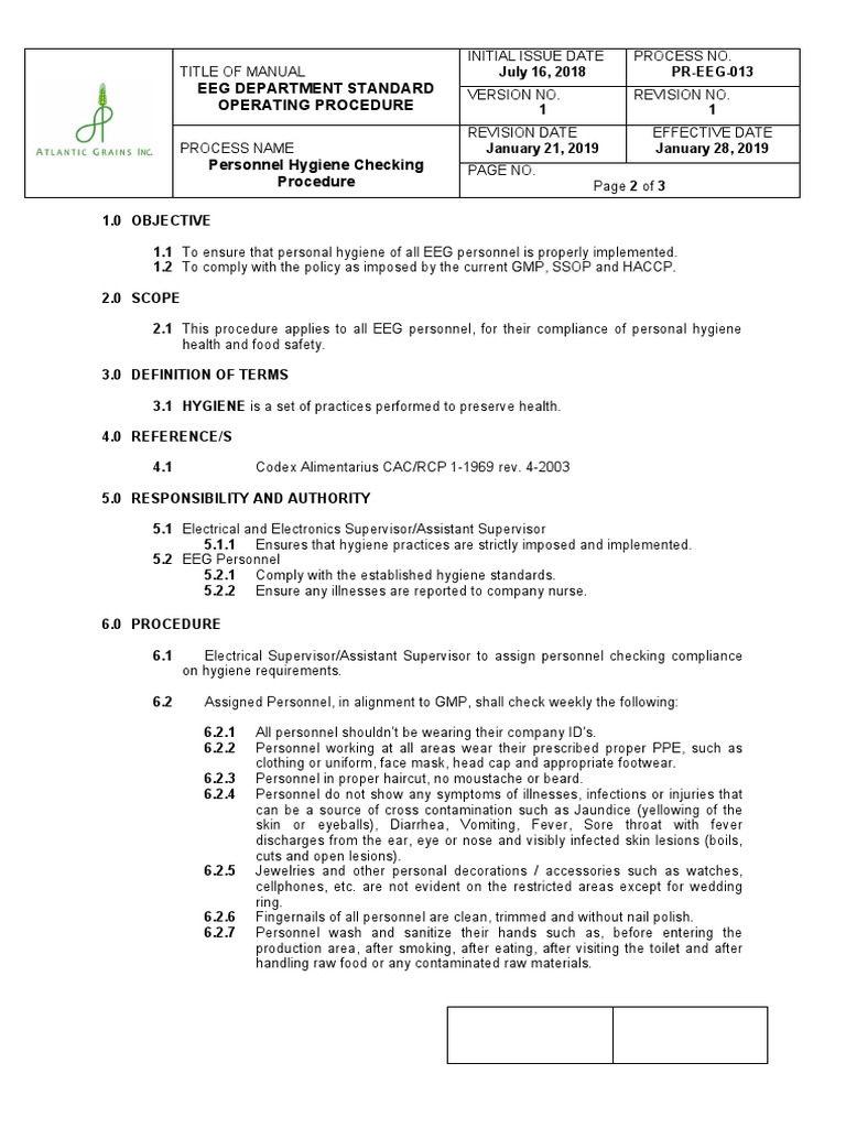 Pr-Eeg-013 - Personnel Hygiene Checking Procedure | PDF | Hygiene ...