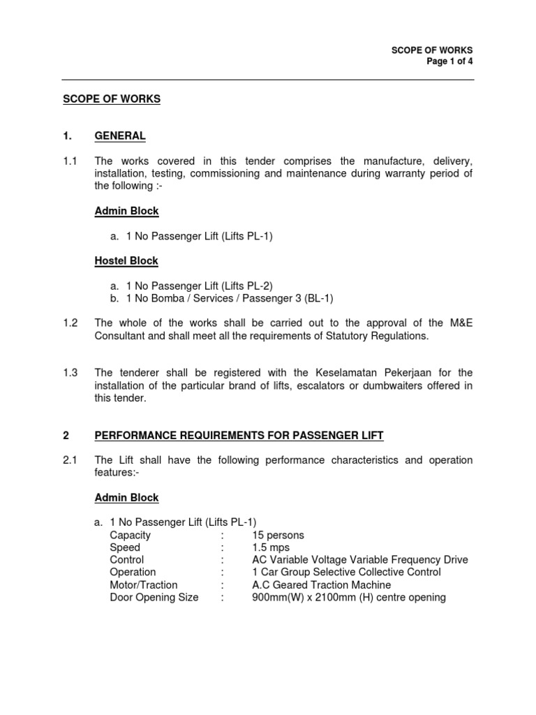 Lift Schedule of Tender Specification | PDF | Elevator | Electrical Wiring