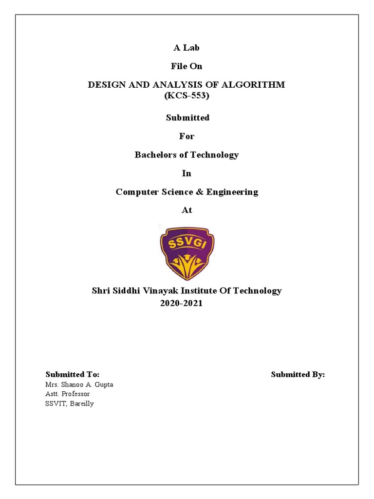 A Lab File On Design and Analysis of Algorithm (KCS-553) Submitted For Bachelors of Technology ...