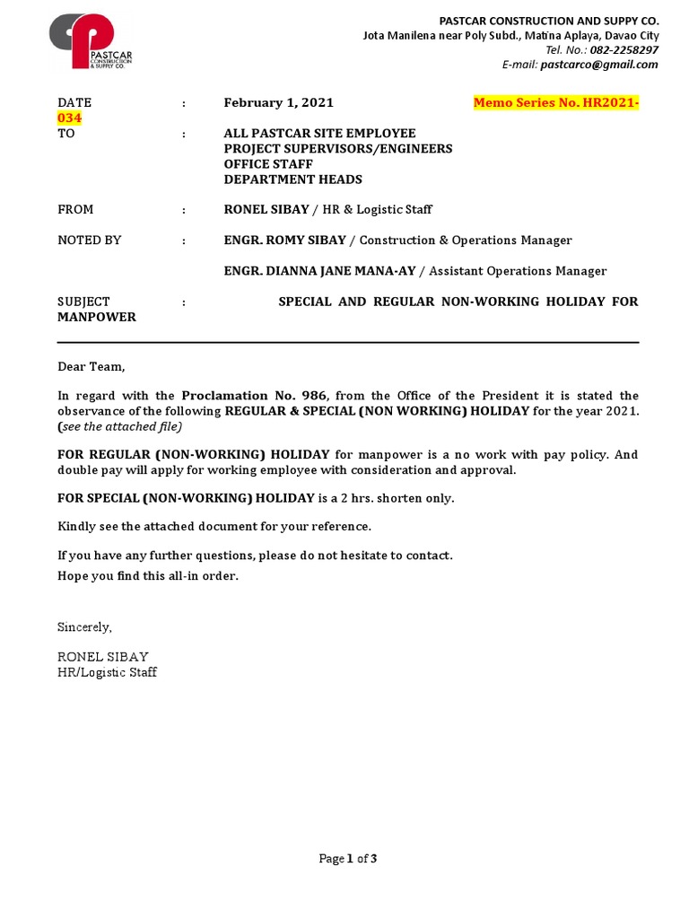 Regular Holiday Memo | PDF