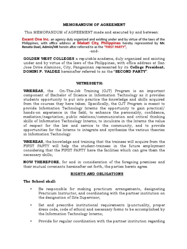 BSIT Internship MOA (2) Ems | PDF | Internship | Job Hunting