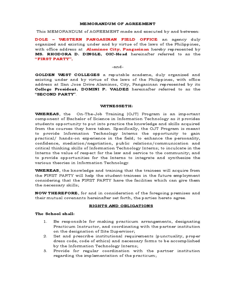 BSIT Internship MOA | PDF | Internship | Job Hunting