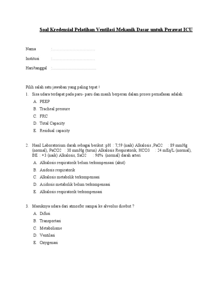Soal Kredensial Pelatihan Ventilasi Mekanik Dasar Untuk Perawat ICU | PDF