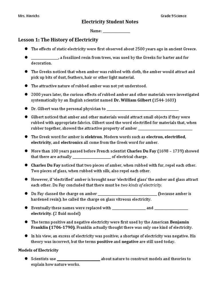 Electricity Student Notes | PDF | Electric Charge | Series And Parallel ...