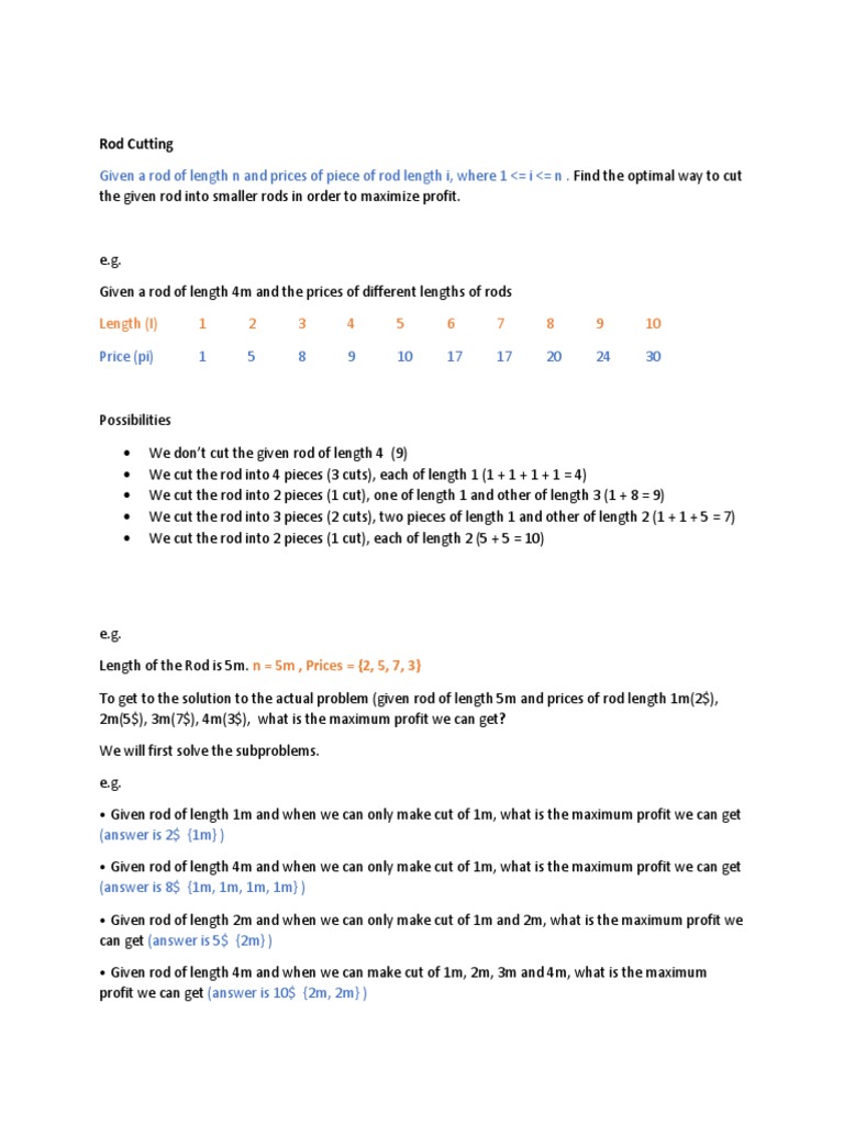 Given A Rod of Length N and Prices of Piece of Rod Length I, Where 1 I ...