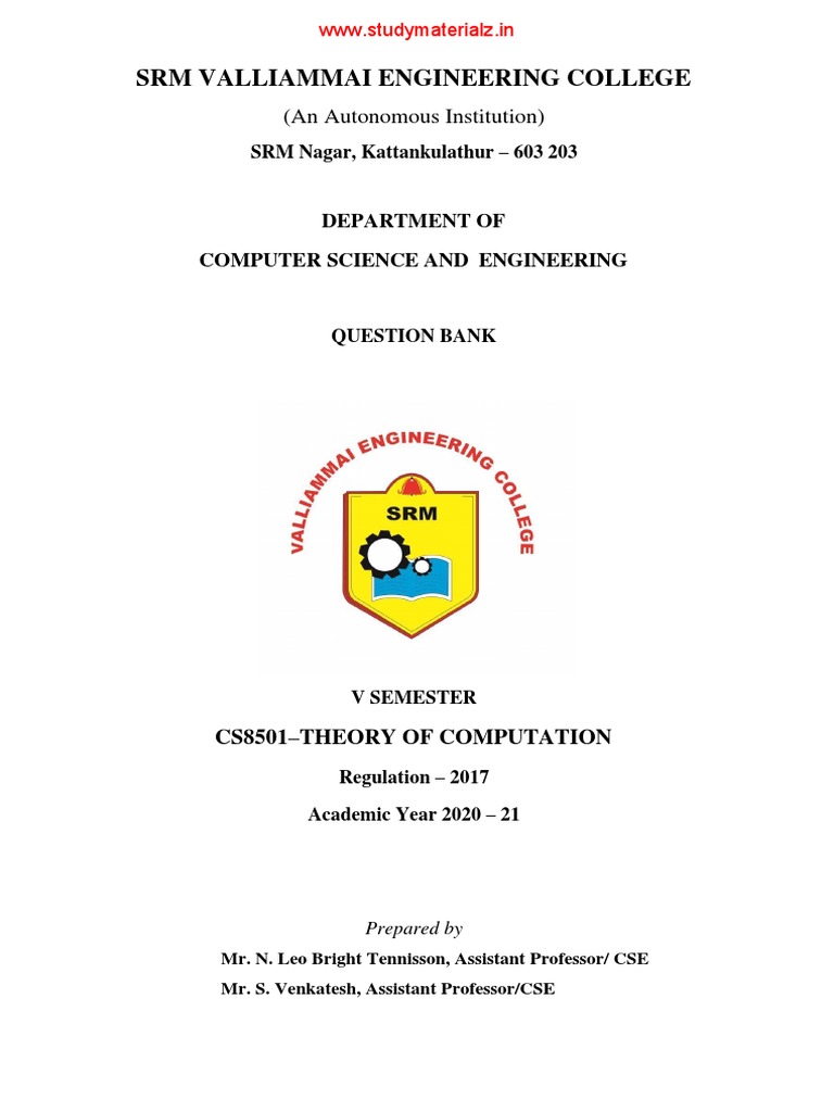 CS8501 Theory of Computation Important Question | PDF | Regular Expression | Computational ...