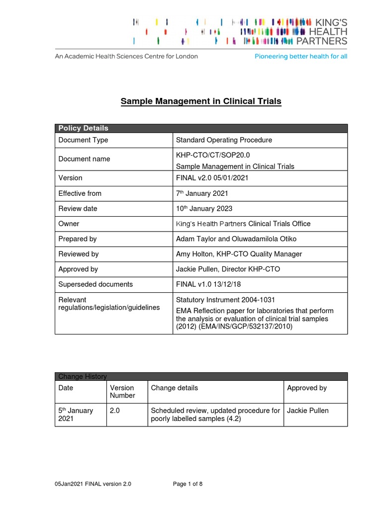 Clinical Trial Sample Management SOP | PDF | Clinical Trial | Medicine