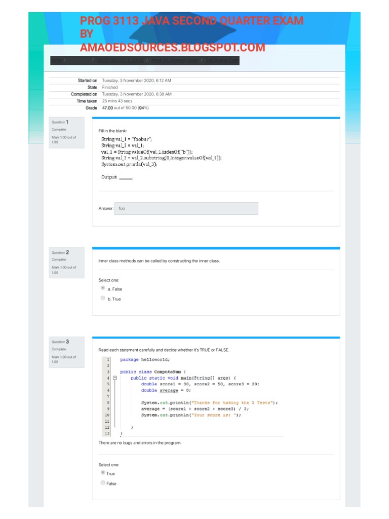 Prog 3112 Java 2ND Quarter Exam (Amaoedsources - Blogspot.com) | PDF | Method (Computer ...
