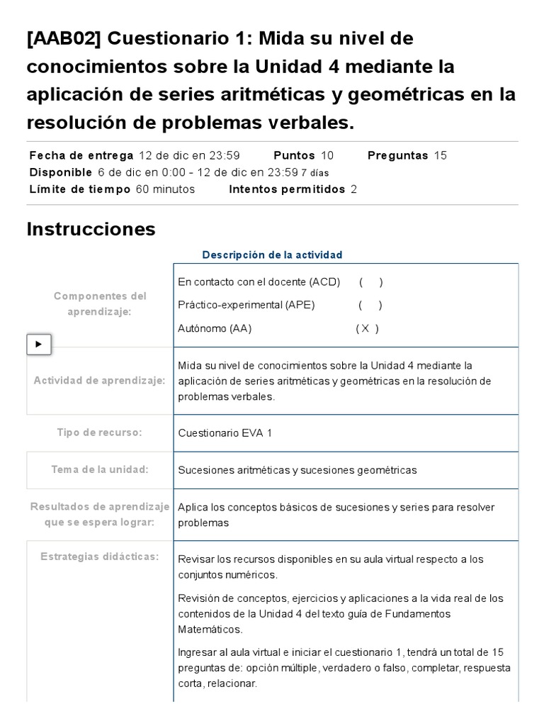 (AAB02) Cuestionario 1 - Mida Su Nivel de Conocimientos Sobre La Unidad 4 Mediante La Aplicación ...
