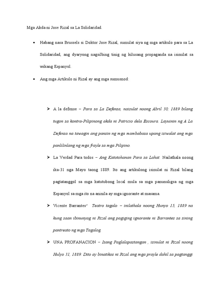 Mga Akda Ni Jose Rizal Sa La Solidaridad | PDF
