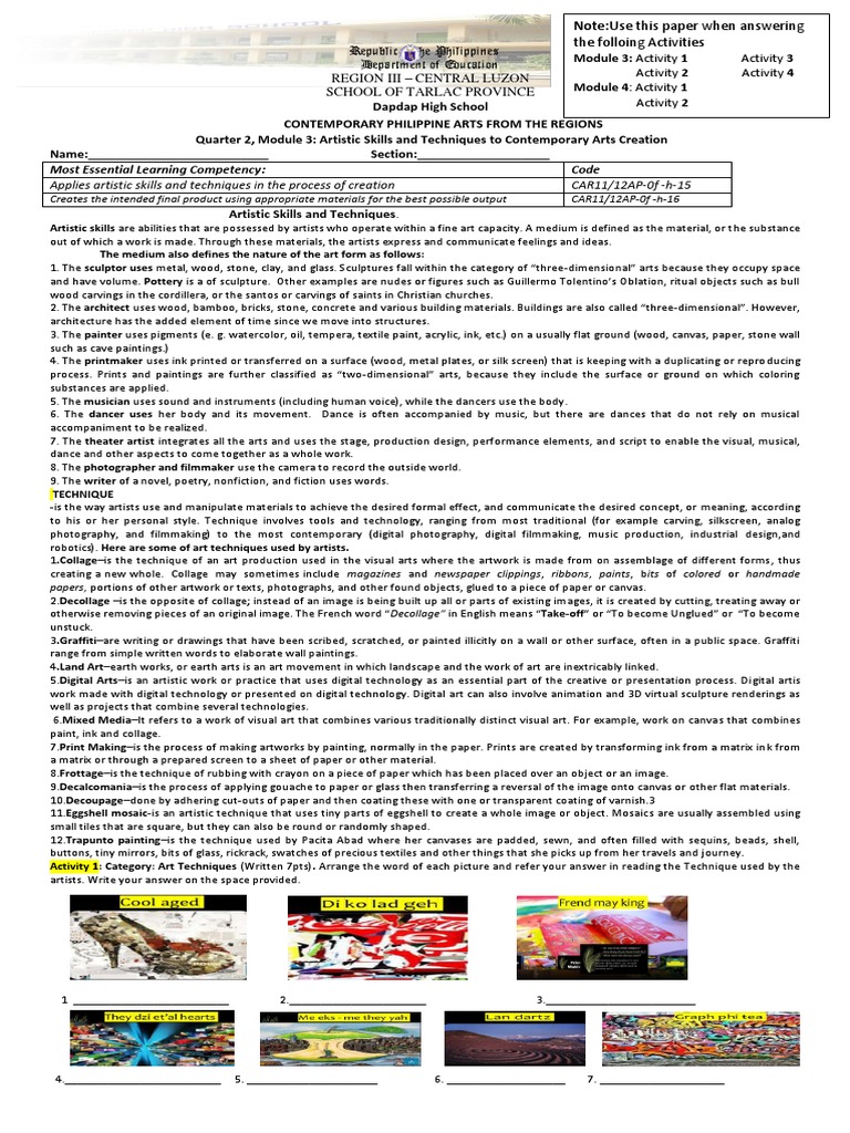 Most Essential Learning Competency: Code | PDF | Printmaking | Paintings